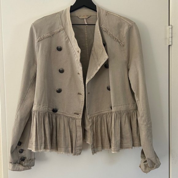 Free People | Jackets & Coats | Military Jacket Beige Green Ruffle Hem ...